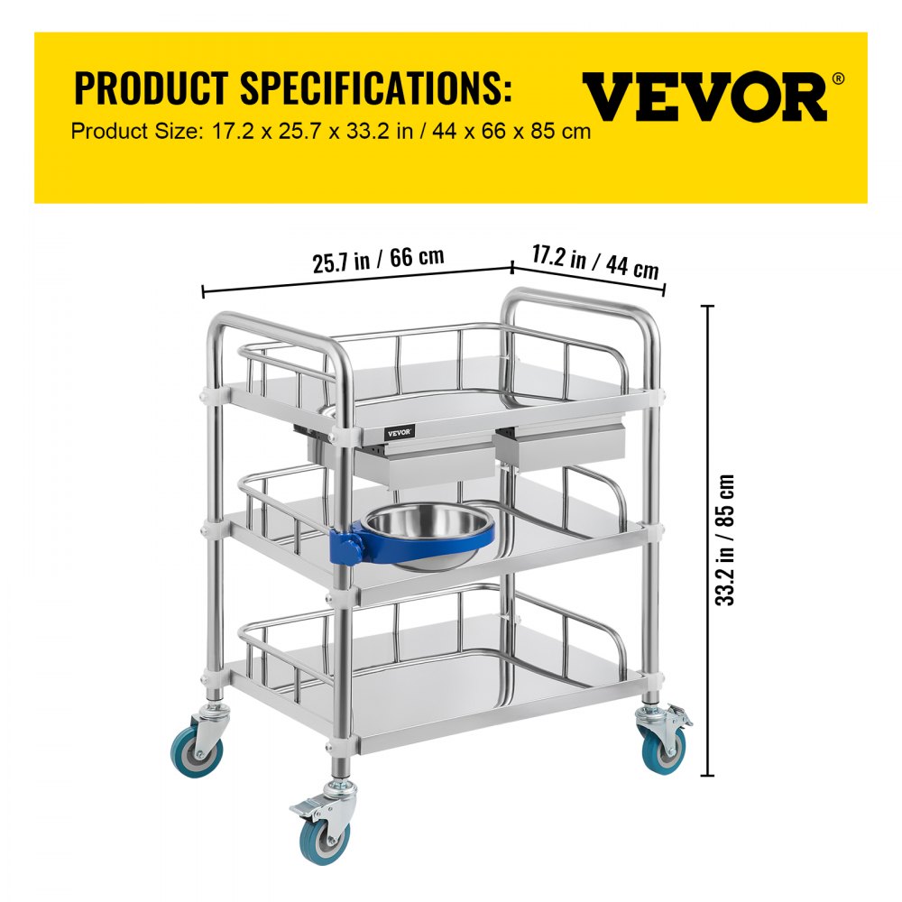 VEVOR Lab Cart 3 Layers Double Drawers Medical Cart with Wheels 1 ...