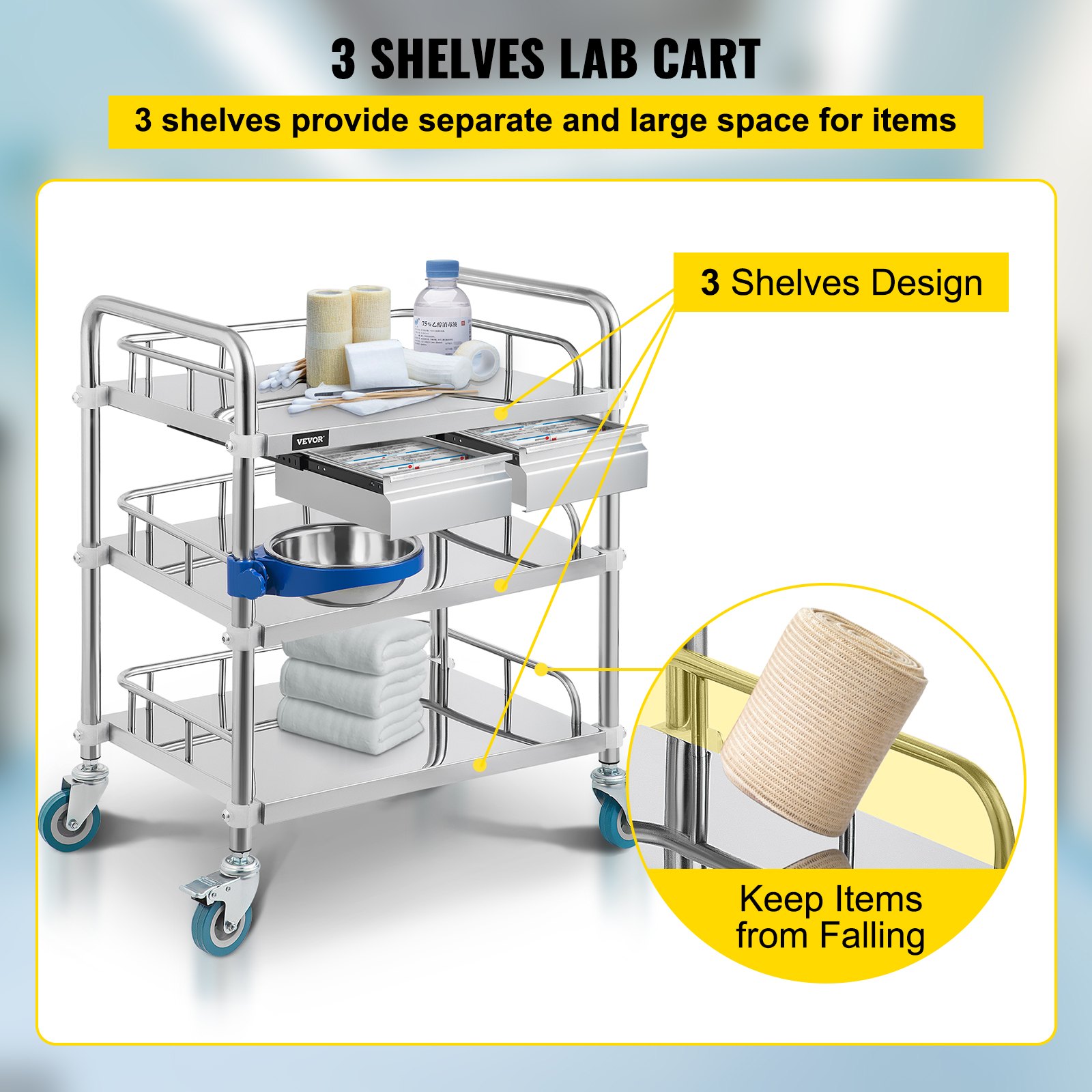 VEVOR Lab Cart 3 Layers Double Drawers Medical Cart with Wheels 1 ...