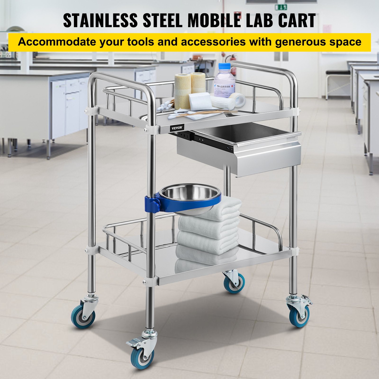 VEVOR Lab Cart 2 Layers Dental Cart with 1 Drawer Stainless Steel Cart ...