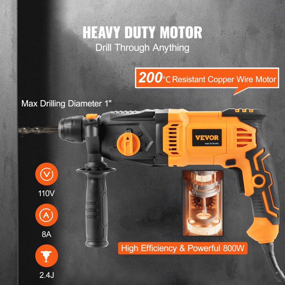 VEVOR 1 Inch SDS-Plus Rotary Hammer Drill, 8 Amp Corded Drills, Heavy ...