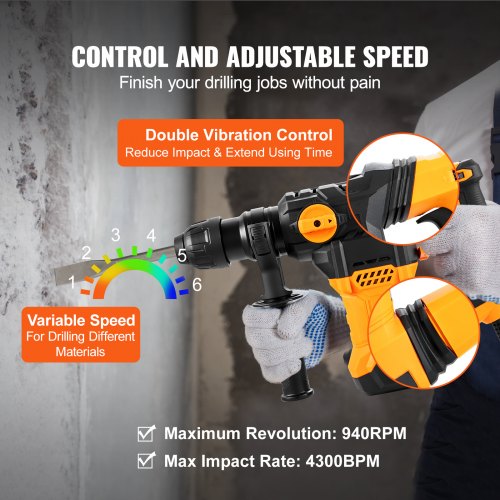 VEVOR 1-1/4 Inch SDS-Plus Rotary Hammer Drill, 13 Amp Corded Drills ...