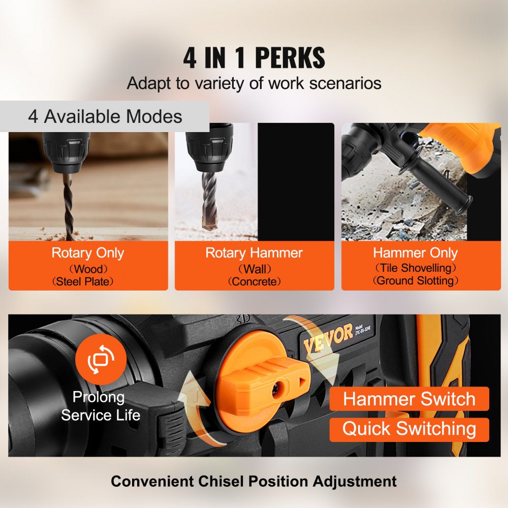 Vevor 1 1 4 Inch Sds Plus Rotary Hammer Drill 13 Amp Corded Drills