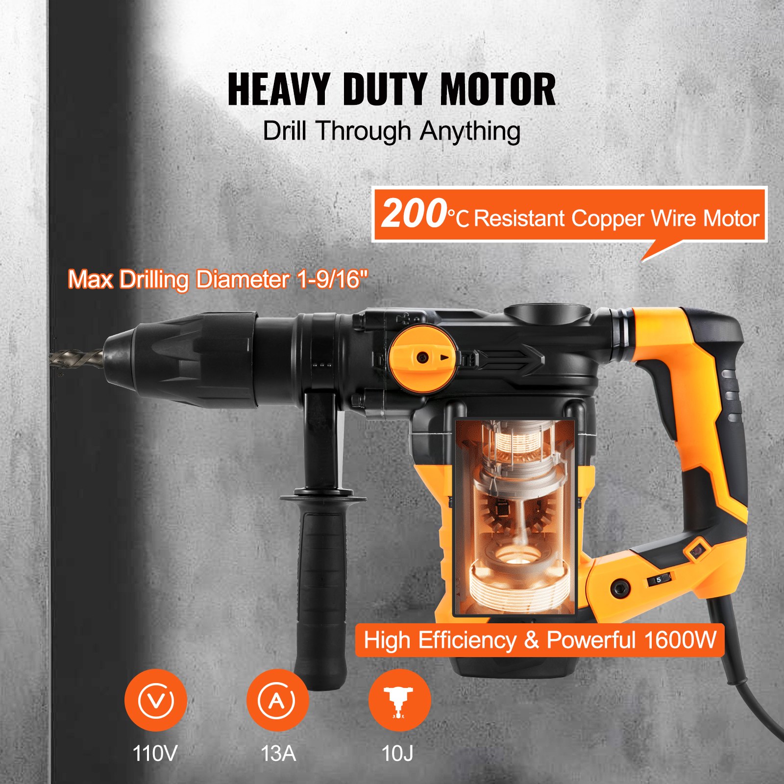 VEVOR Rotary Hammer Drill Corded Drills 1-9/16" 3 Modes SDS-MAX ...