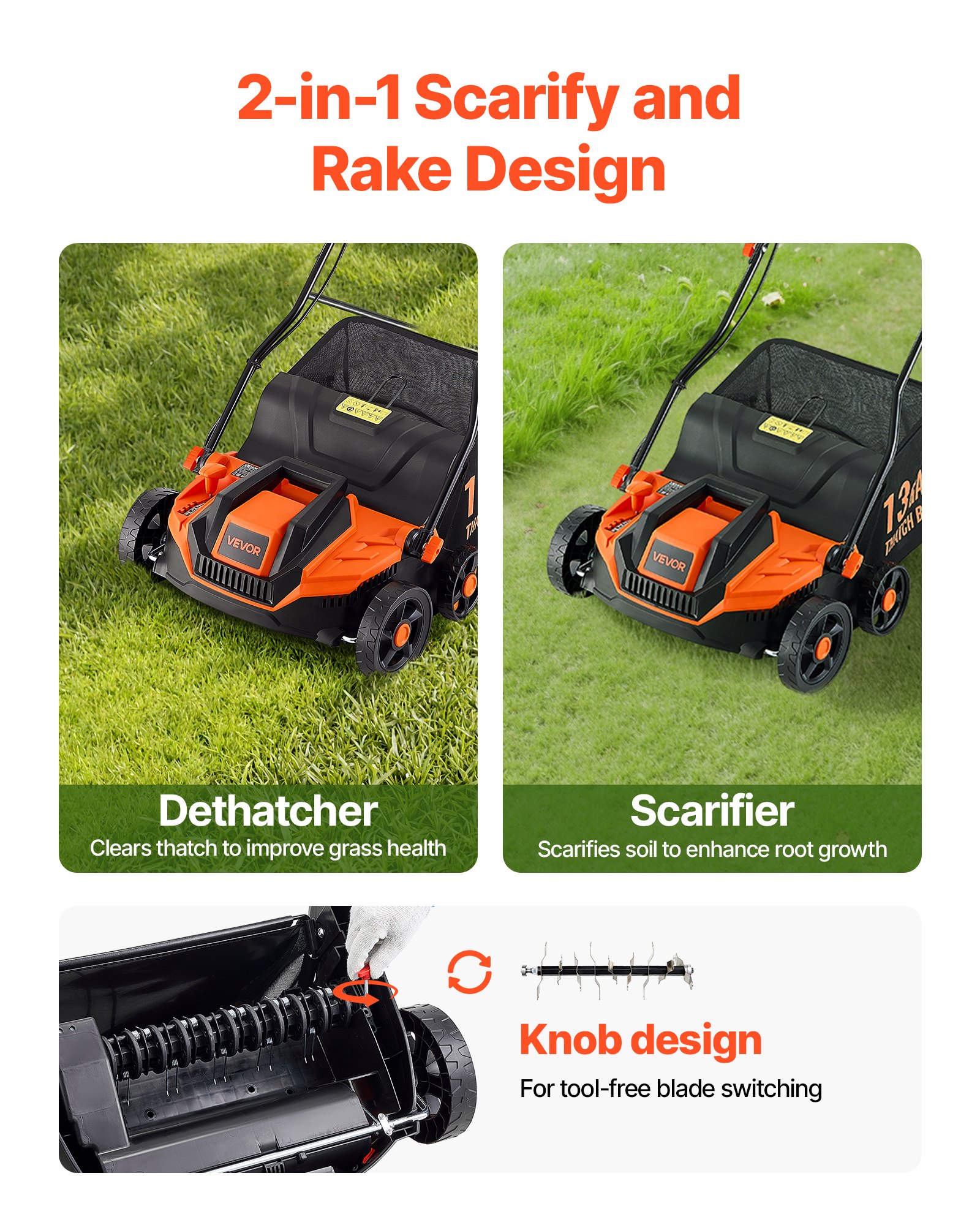 VEVOR 2-in-1 Electric Dethatcher and Scarifier, 13-Inch 13 Amp, Corded ...