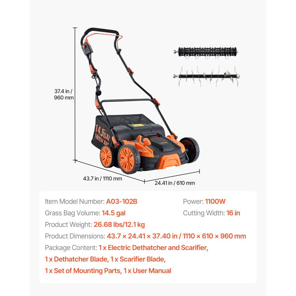 VEVOR Electric Dethatcher and Scarifier – 16", 15A, 2-in-1