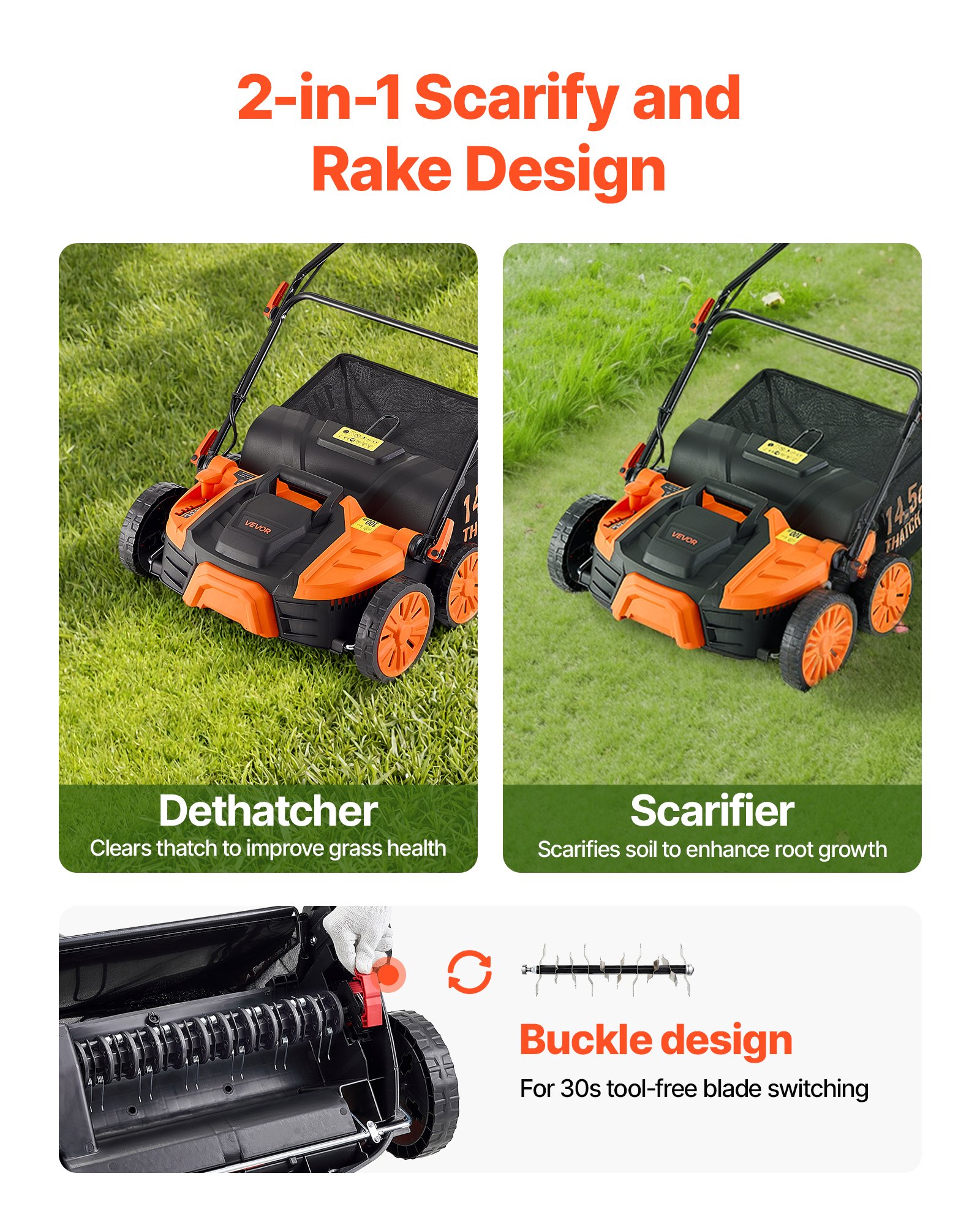 VEVOR Electric Dethatcher and Scarifier – 16", 15A, 2-in-1