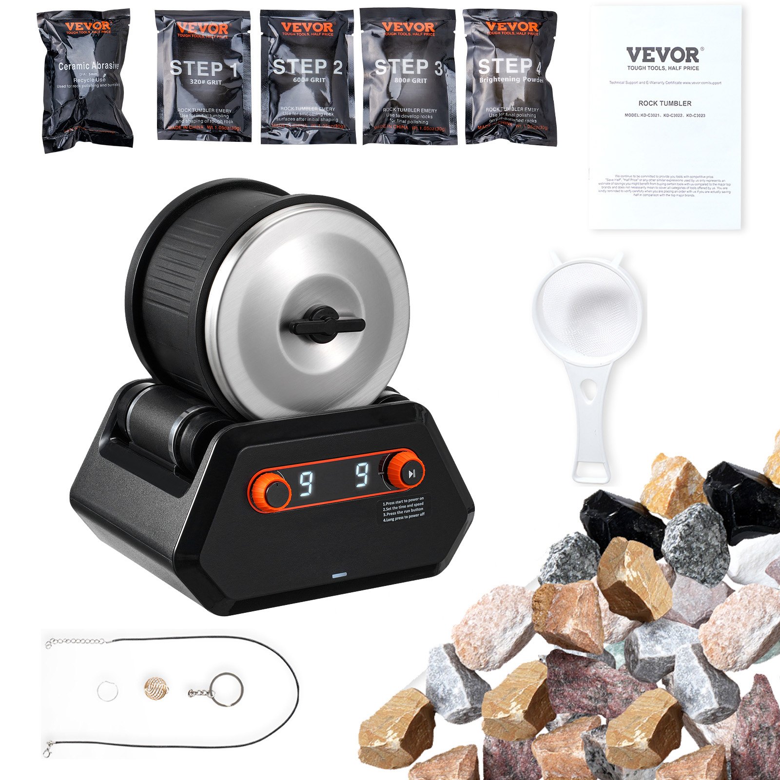 VEVOR Rock Tumbler Kit, 4 lbs Rock Polishing Kit, 9 Speed Settings 9 ...