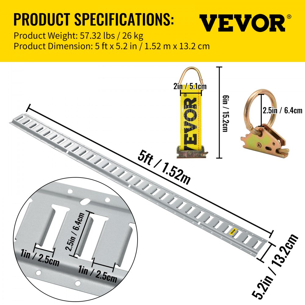 VEVOR E Track Tie-Down Rail Kit, 34PCS 5FT E-Tracks Set Includes 8 ...