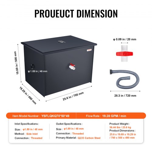 VEVOR 50LBS Commercial Grease Interceptor Trap Carbon Steel Waste Water ...