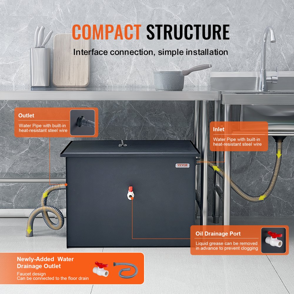 VEVOR Commercial Grease Trap, 50 LBS Grease Interceptor, Side Inlet ...