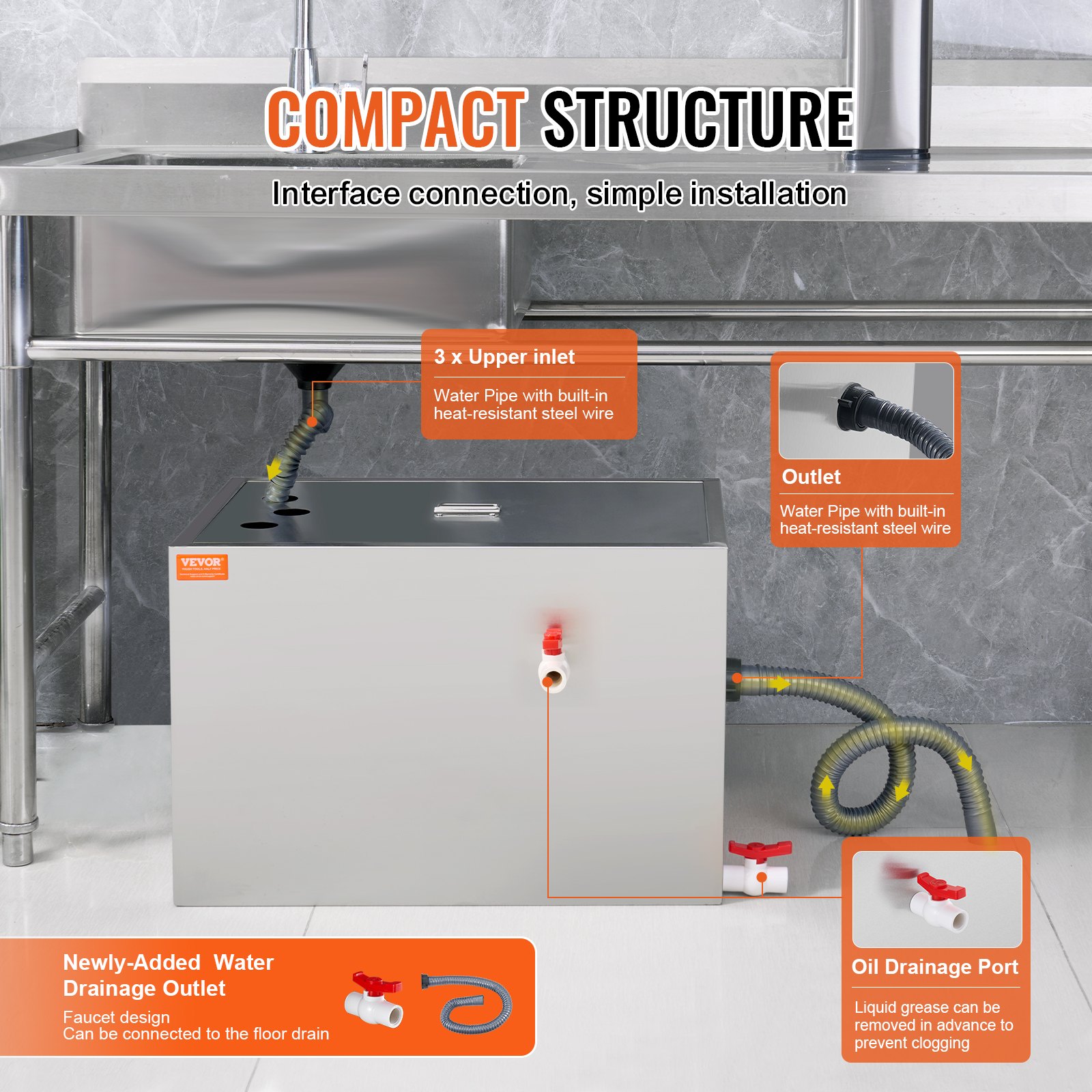 VEVOR Commercial Grease Trap, 40 LBS Grease Interceptor, Top Inlet ...