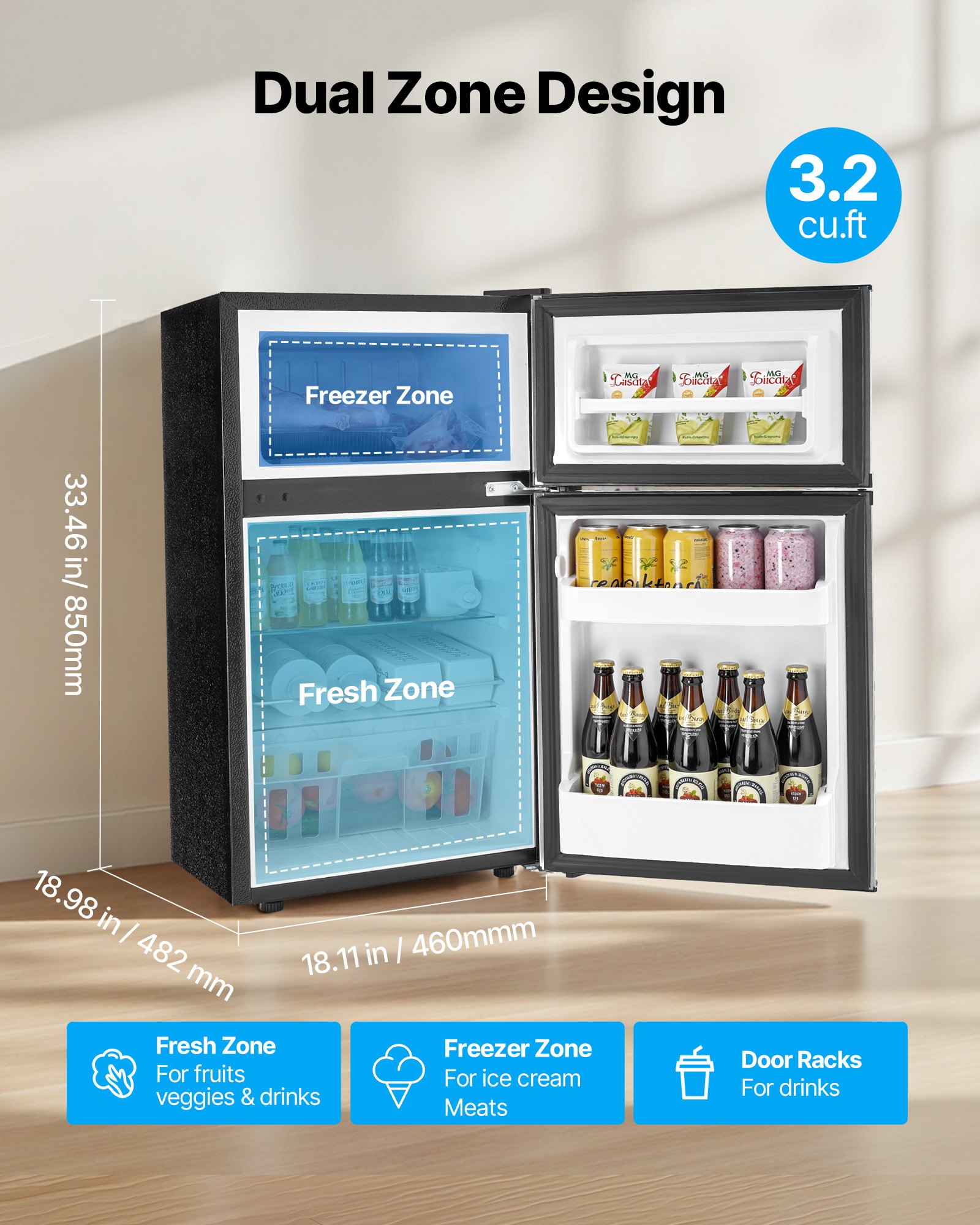 VEVOR Mini Fridge with Freezer, 3.2 Cu.Ft, Two Door Compact ...