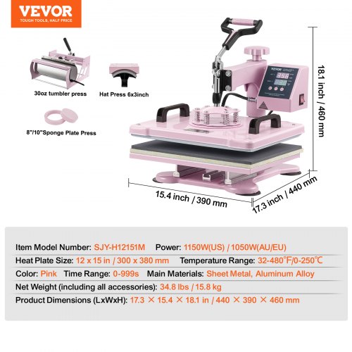 VEVOR Heat Press Machine 12x15 in 5 in 1 with 30oz Tumbler Press T ...