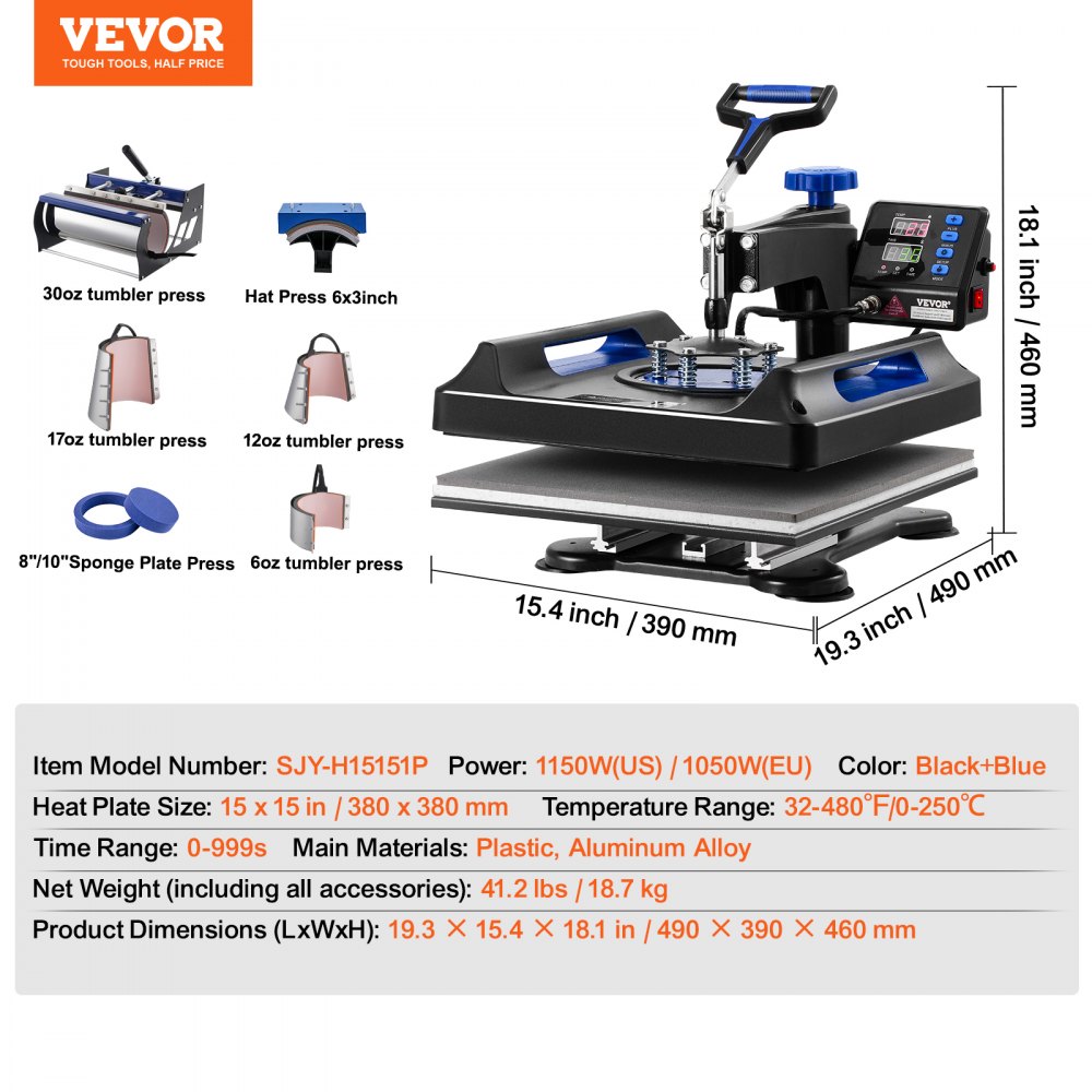 VEVOR 8 in 1 Heat Press Machine 15x15 in 30oz Tumbler Press T-Shirts ...