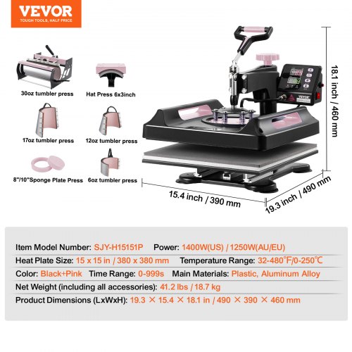 VEVOR 8 in 1 Heat Press Machine 15x15 in 30oz Tumbler Press T-Shirts ...