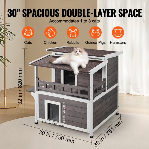 VEVOR Outdoor Cat House 2-story Wooden Feral Cat Shelter with Balcony ...
