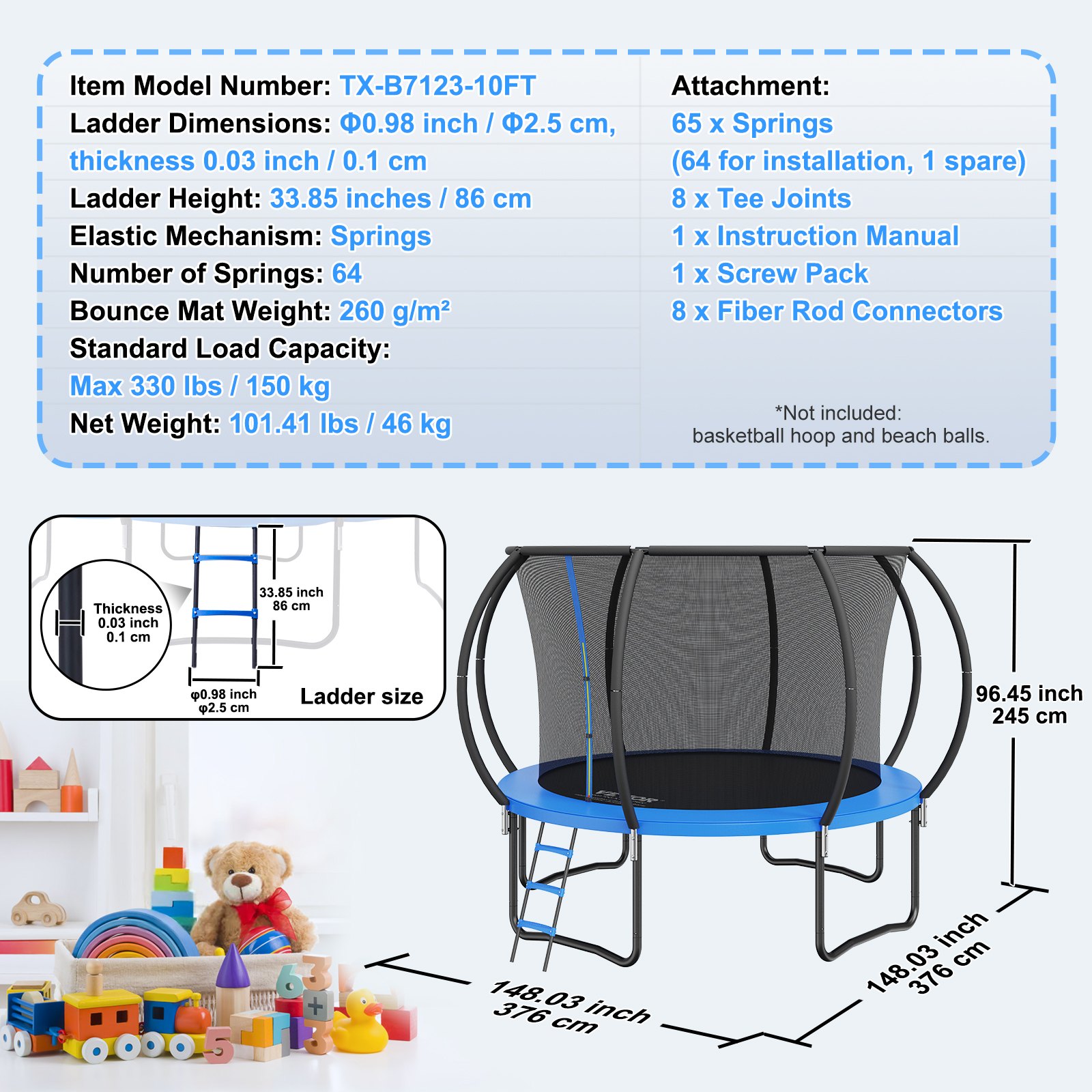 VEVOR 10FT Trampoline, 330 lbs Trampoline with Enclosure Net, Ladder ...