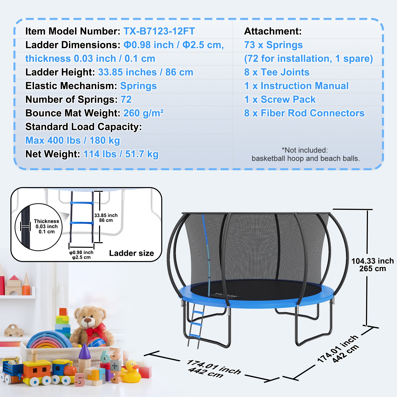 VEVOR 12FT Trampoline, 400 lbs Trampoline with Enclosure Net, Ladder ...
