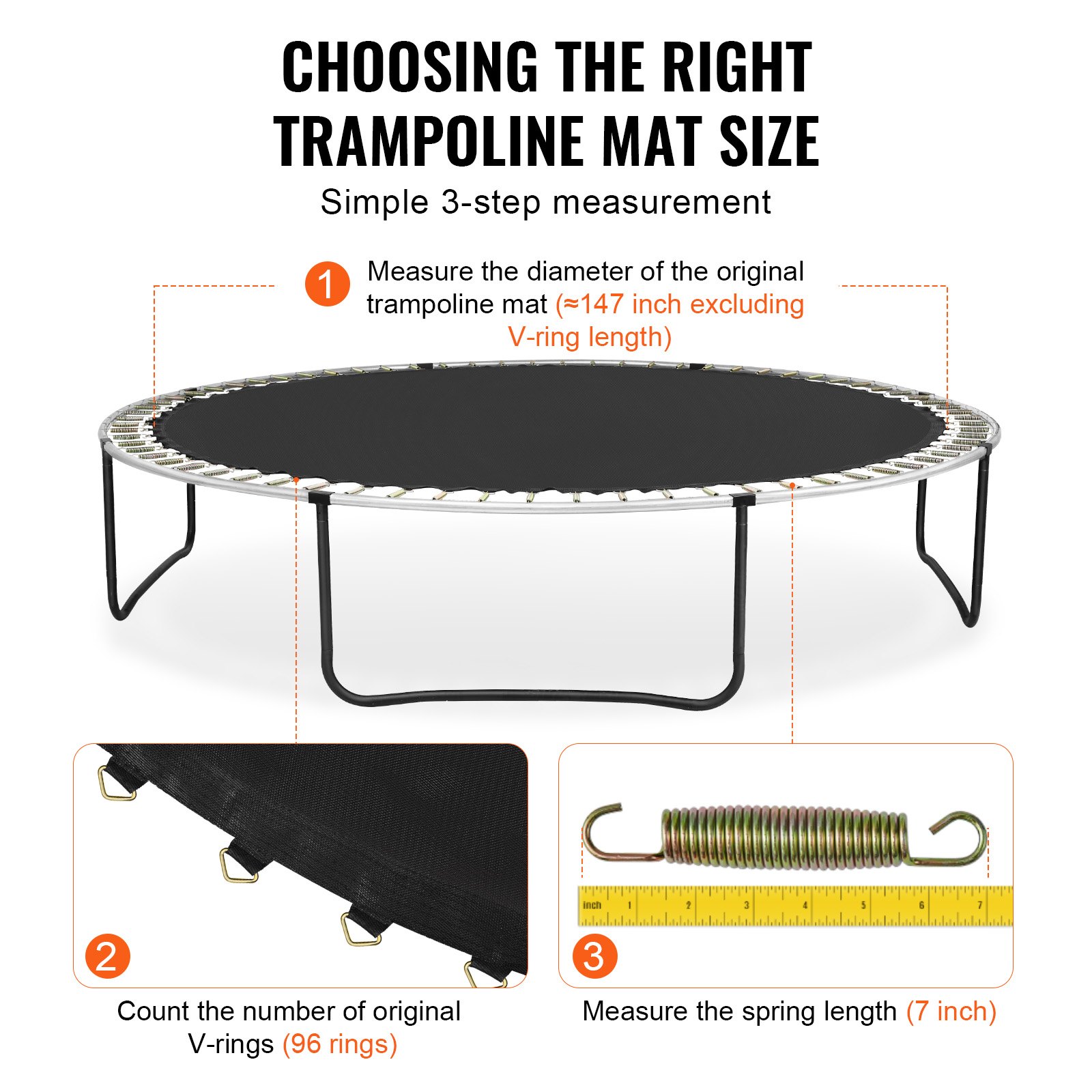 VEVOR 14 ft Trampoline Mat – 14ft, 96 V-rings, 7" Springs