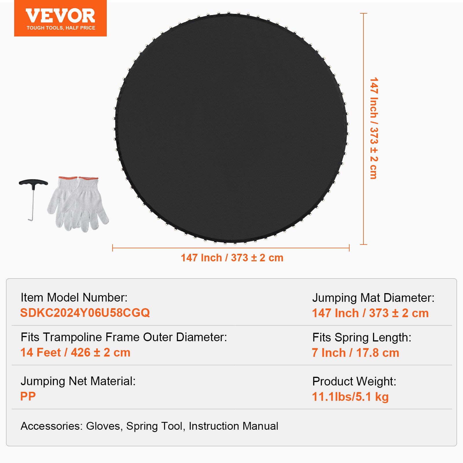 VEVOR 14 ft Trampoline Mat – 14ft, 96 V-rings, 7" Springs