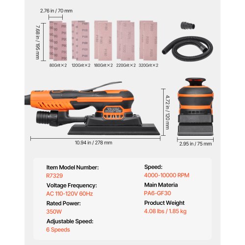 3/8 Sheet Sander 350W 6 Speeds Brushless Finishing Sander for ...