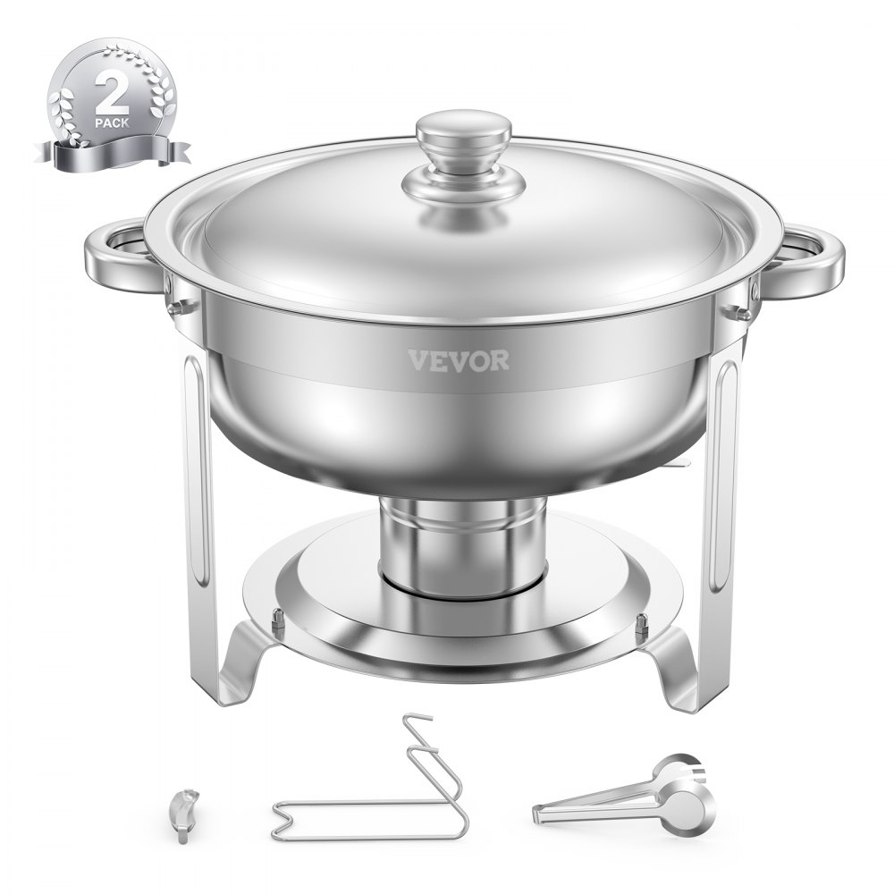 5 Qt 2 Pack Round Chafing Dish Buffet Set Full-Size Pan Stainless Steel ...