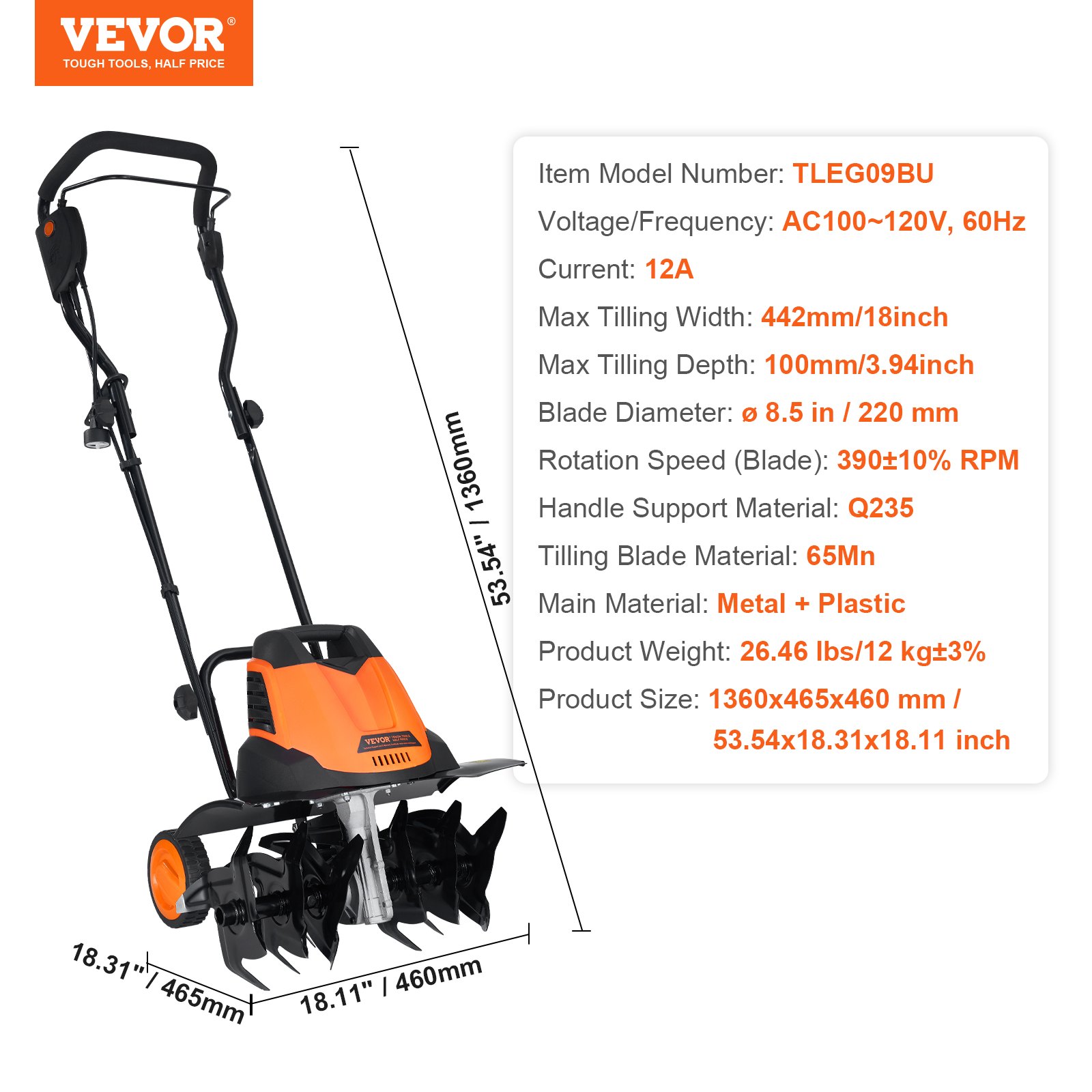 VEVOR 12 Amp Electric Tiller, 18" Tilling Width 3.94" Tilling Depth ...