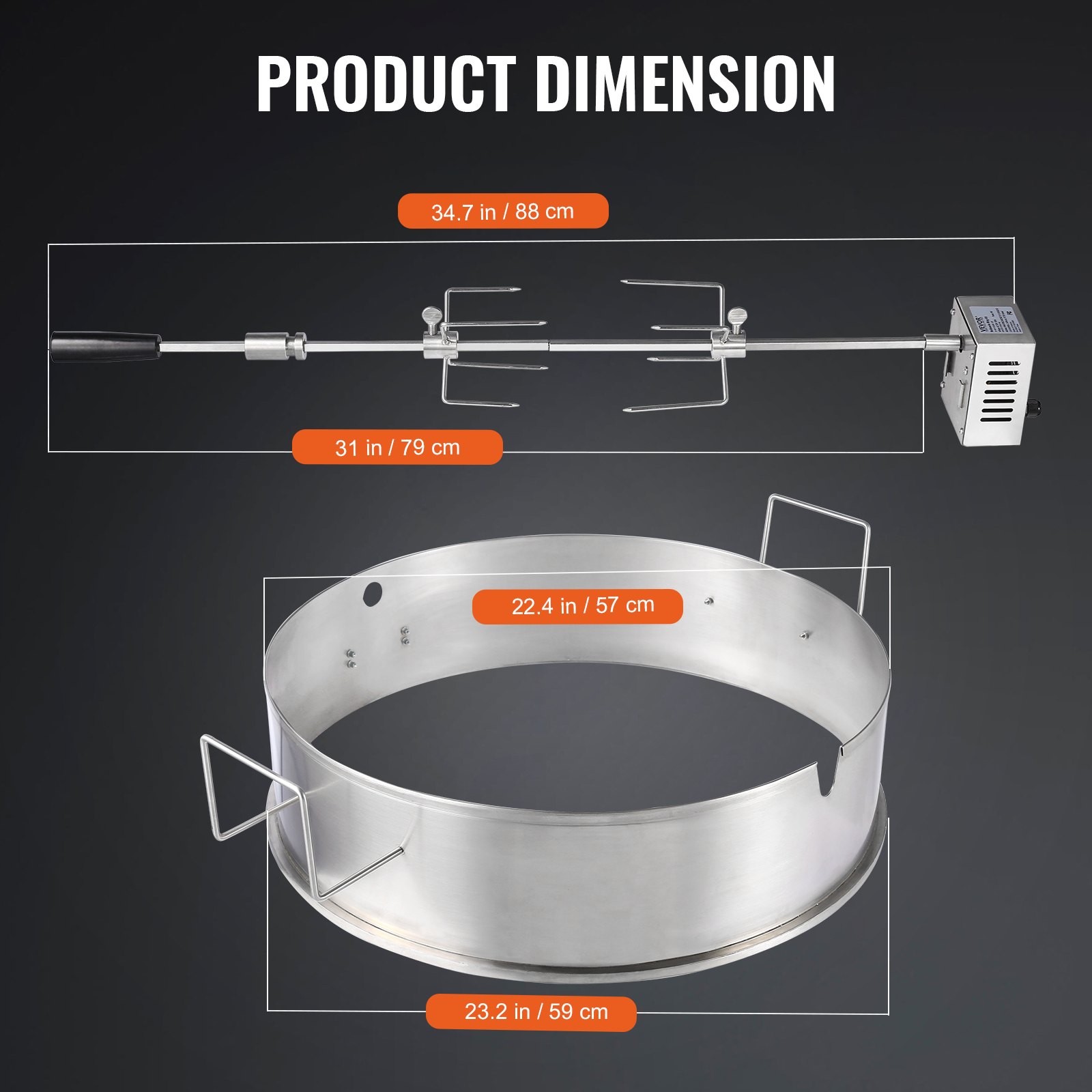 VEVOR BBQ Rotisserie Ring Kit for 22" Kettle Charcoal Grills Stainless ...