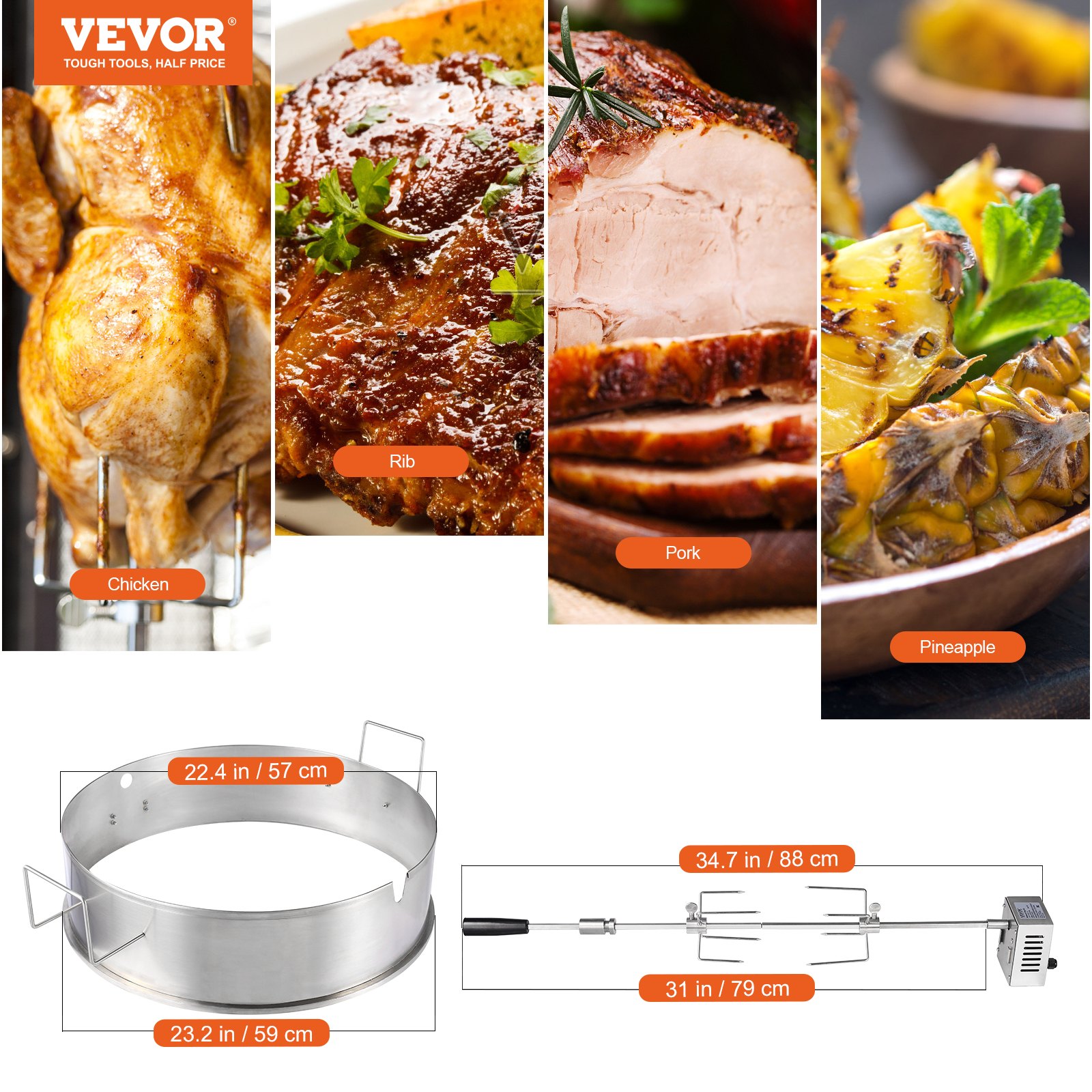 VEVOR BBQ Rotisserie Ring Kit for 22" Kettle Charcoal Grills Stainless ...