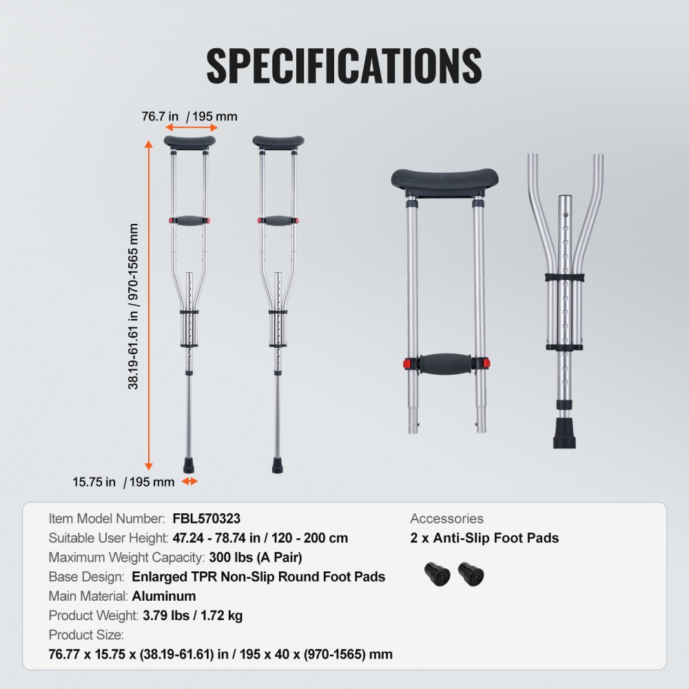 VEVOR Underarm Crutches 13-Level Height Adjustable Under Arm Walking ...