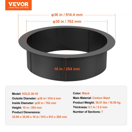 VEVOR Fire Pit Ring, 36-Inch Outer/30-Inch Inner Diameter, 10inch ...