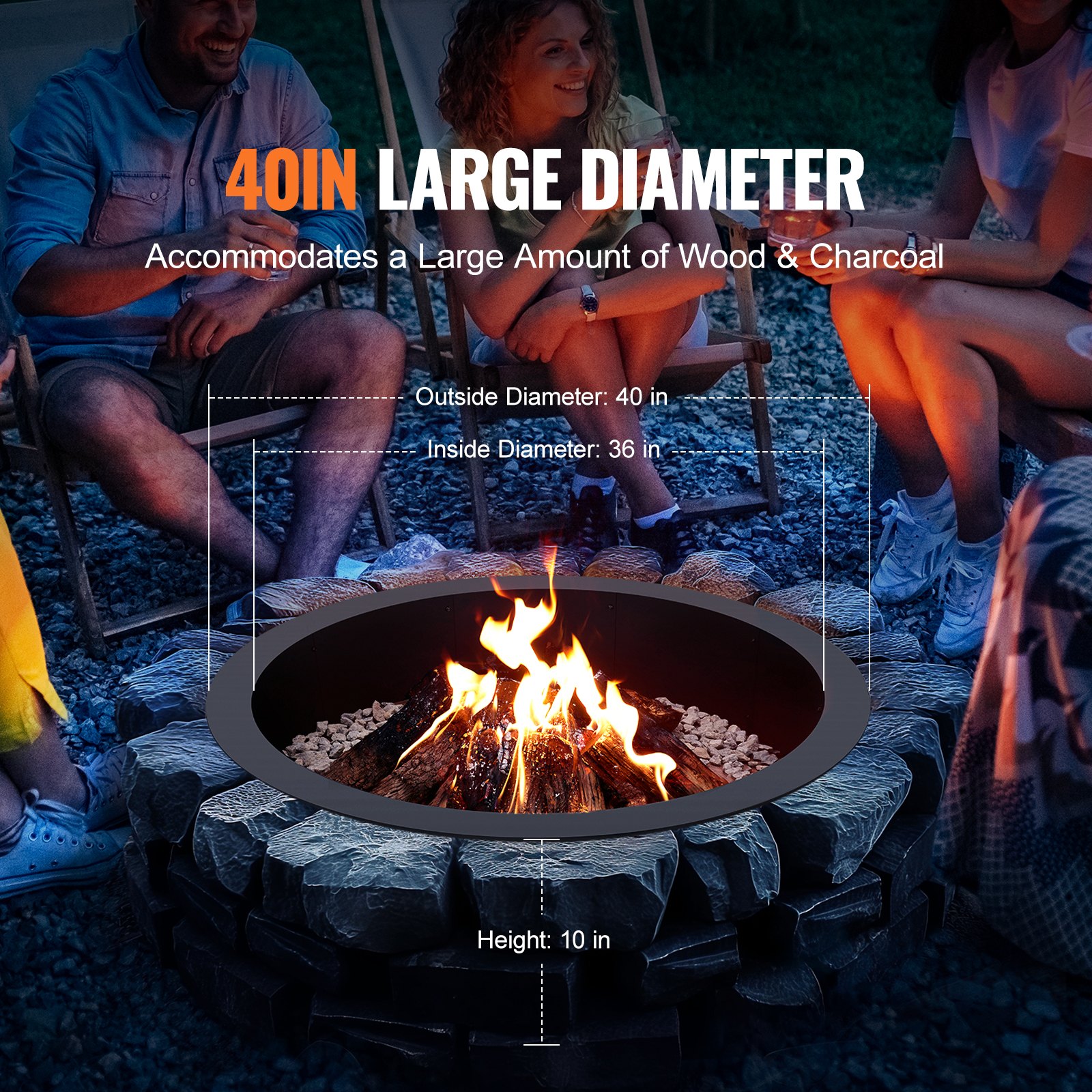 VEVOR Fire Pit Ring Round 40 Inch Outer Steel Liner DIY Campfire Ring ...