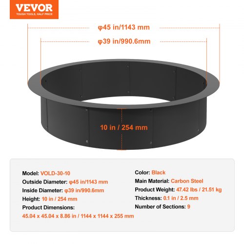 VEVOR Fire Pit Ring Round 44 Inch Outer Steel Liner DIY Campfire Ring ...