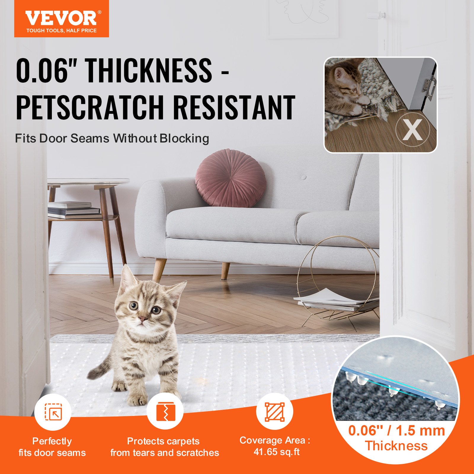 VEVOR Carpet Protector for Pets, 15" x 4' PVC Scratch-Proof Cat Carpet ...