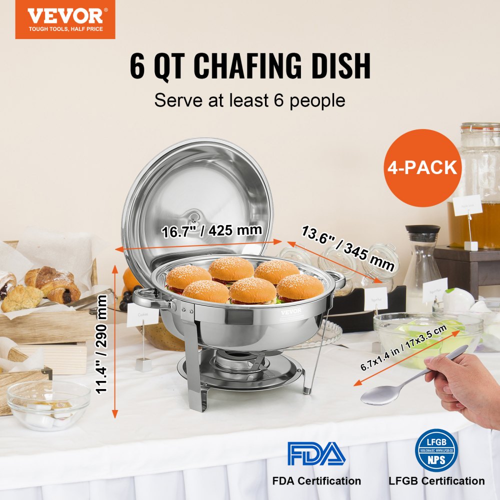 VEVOR Chafing Dish Buffet Set, 6 Qt 4 Pack, Stainless Steel Chafer with ...