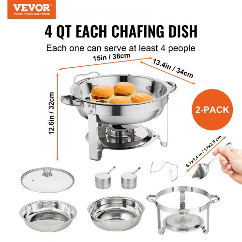VEVOR 2-Pack Round Chafing Dish Set with Full-Size 4Qt Pan Glass Lid ...