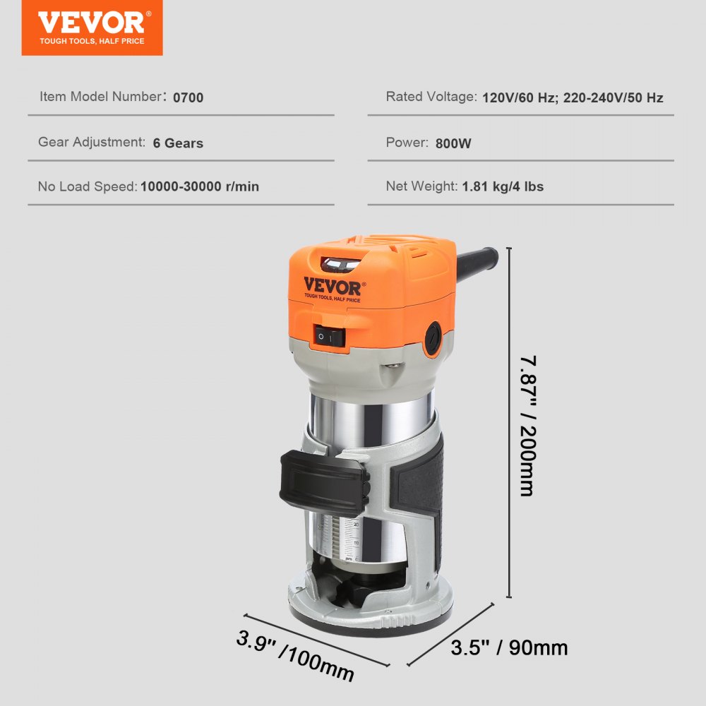 VEVOR Wood Router, 1.25HP 800W, Compact Wood Trimmer Router Tool ...