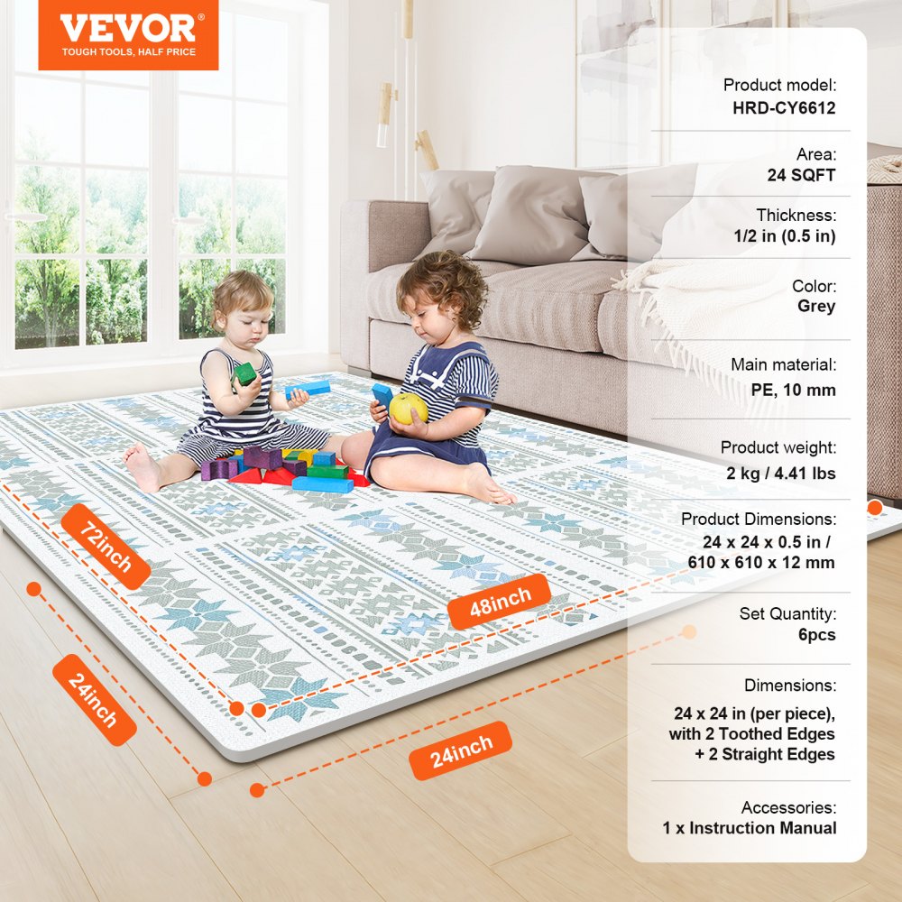 VEVOR Kids Foam Puzzle Floor Playmat 0.5 in 6 Pcs Interlocking EVA Soft ...
