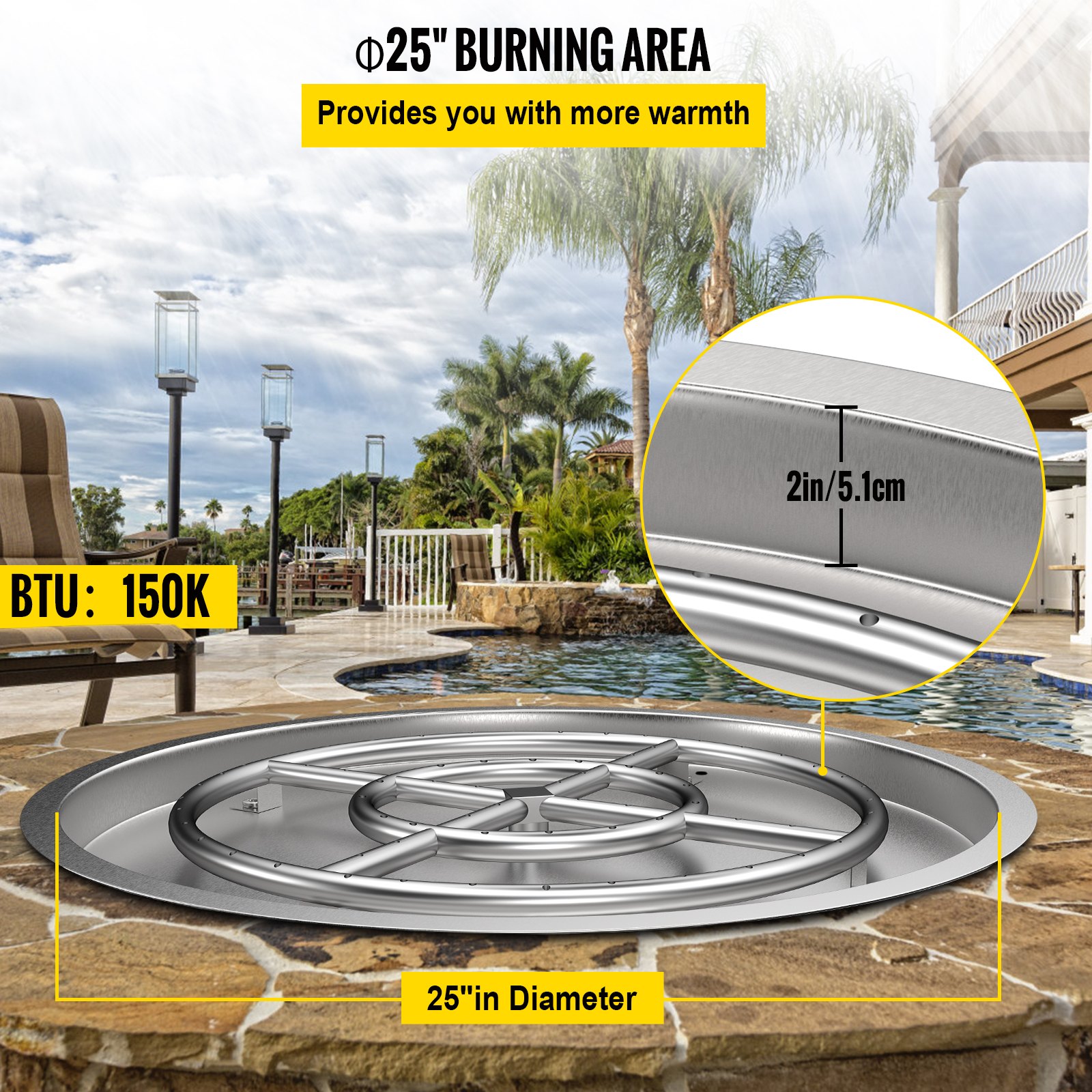 VEVOR Drop in Fire Pit Pan, 25" x 25" Round Fire Pit Burner, Stainless ...
