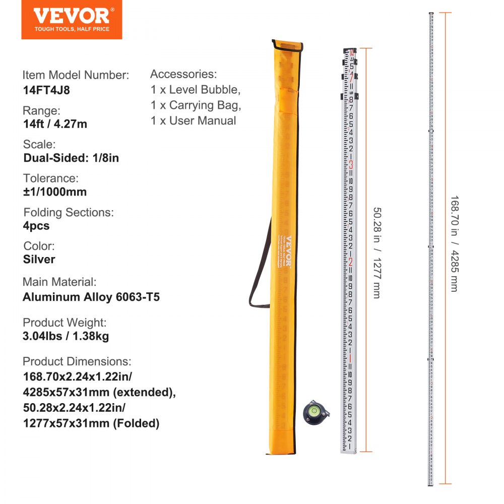 VEVOR Measuring Rod 14-Feet/8ths 4 Sections Telescopic Grade Rod 1/8in ...