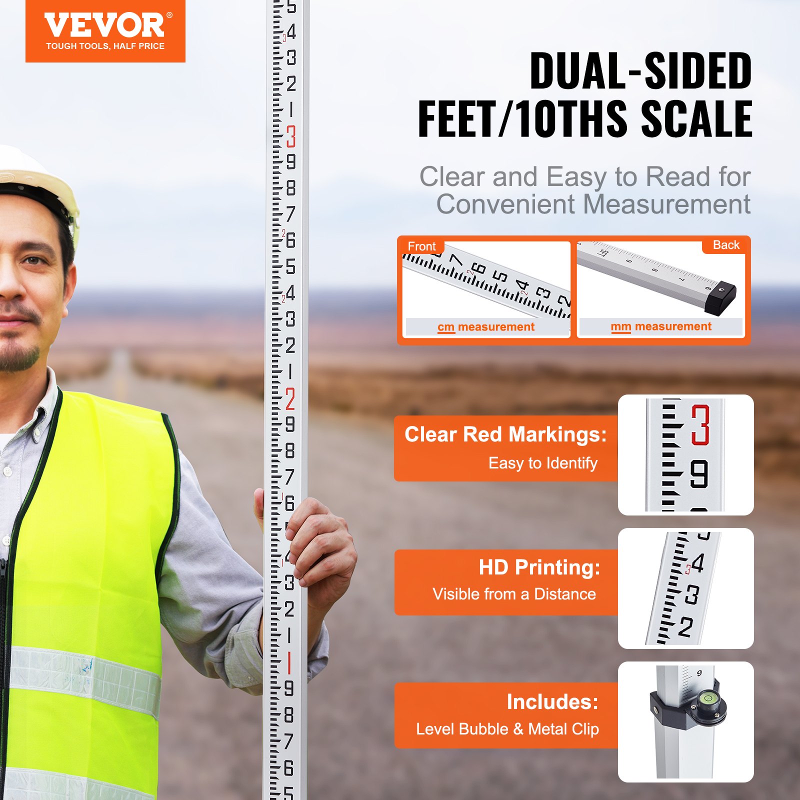 VEVOR Aluminum Grade Rod, 16-Feet/10ths 4 Sections Telescopic Measuring ...