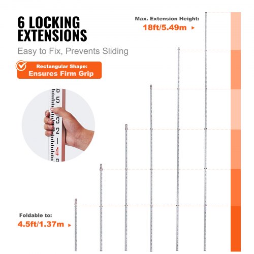 VEVOR Measuring Rod 18-Feet/10ths 6 Sections Telescopic Grade Rod 1 ...