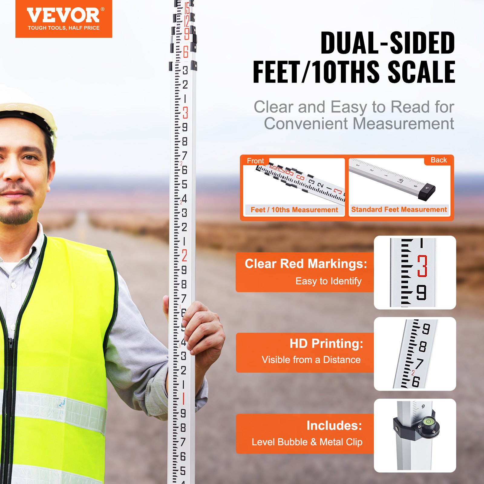 VEVOR Measuring Rod 18-Feet/10ths 6 Sections Telescopic Grade Rod 1 ...