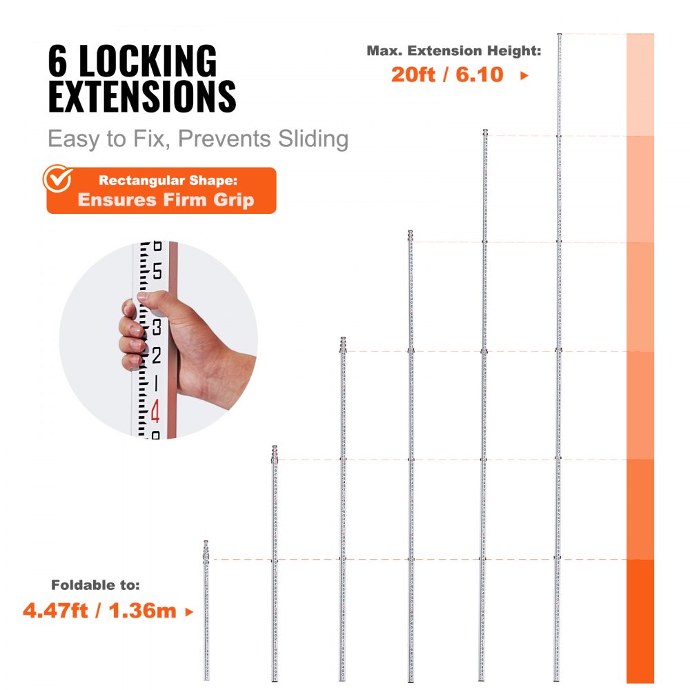 VEVOR Measuring Rod 20-Feet/10ths 6 Sections Telescopic Grade Rod 1 ...