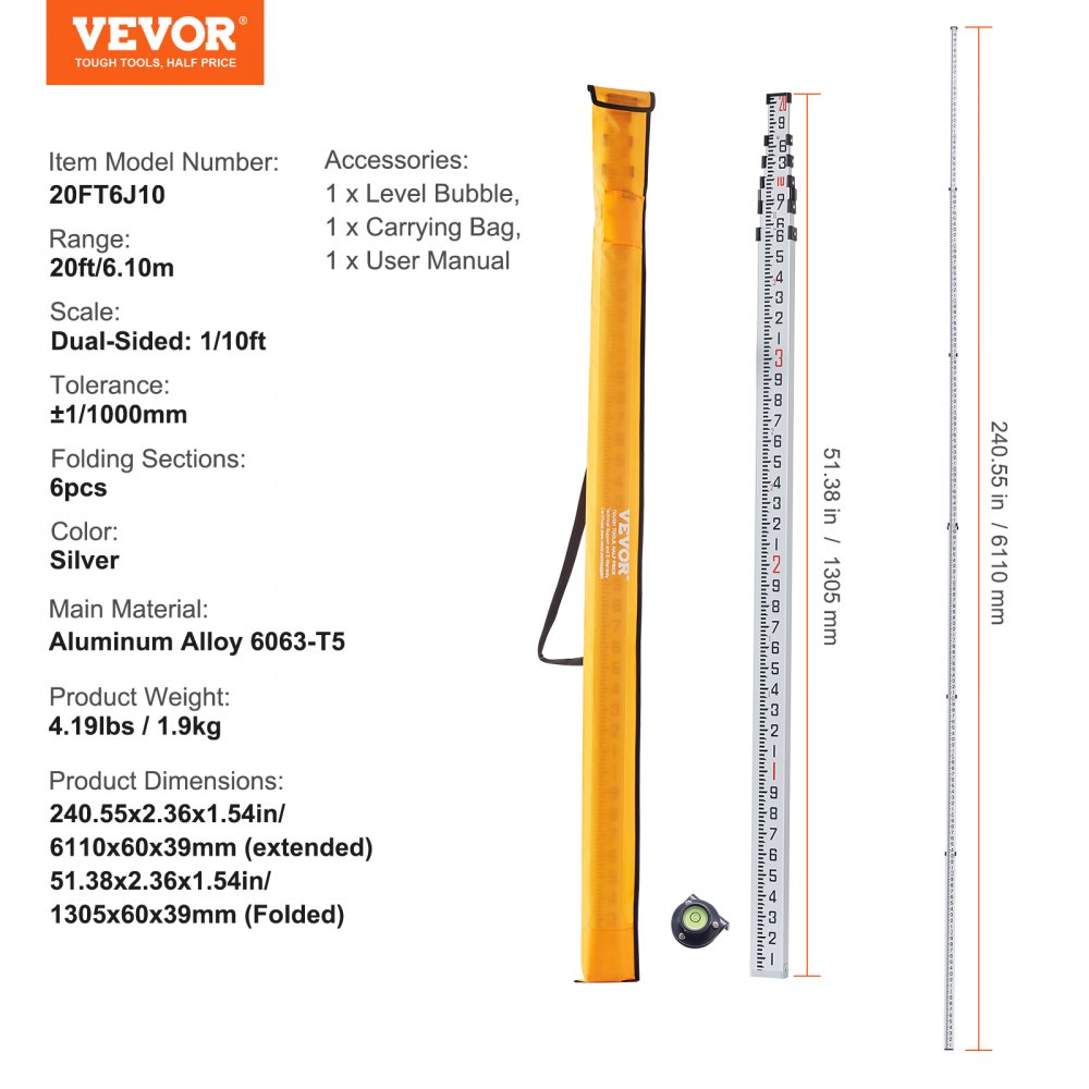 VEVOR Measuring Rod 20-Feet/10ths 6 Sections Telescopic Grade Rod 1 ...