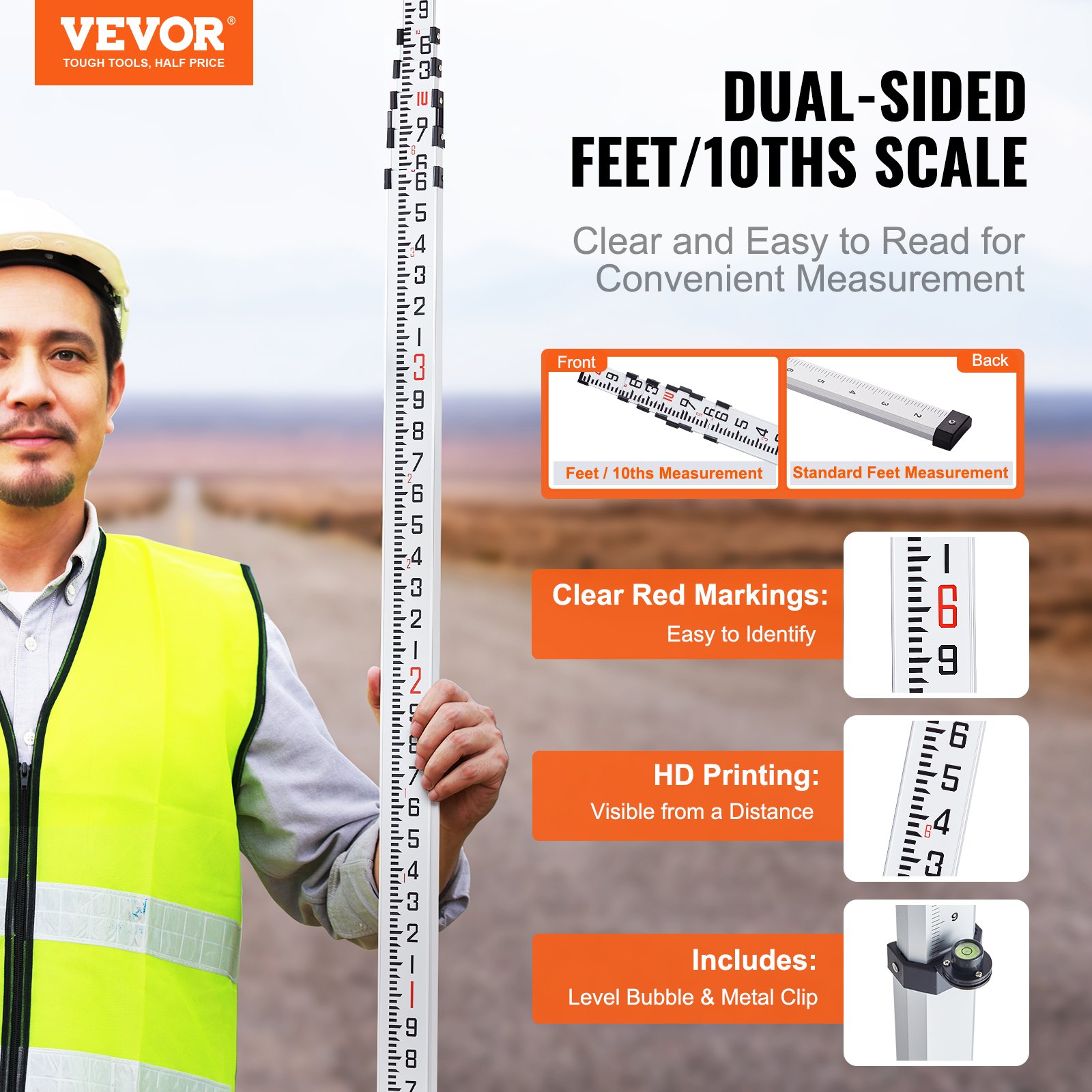 VEVOR Measuring Rod 20-Feet/10ths 6 Sections Telescopic Grade Rod 1 ...
