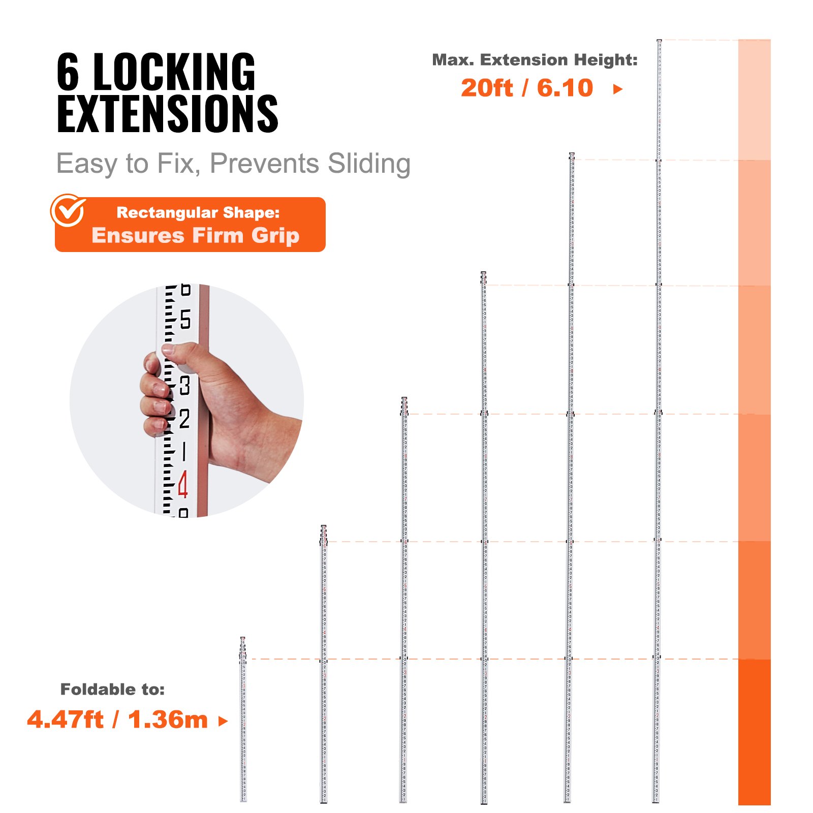 VEVOR Measuring Rod 20-Feet/10ths 6 Sections Telescopic Grade Rod 1 ...