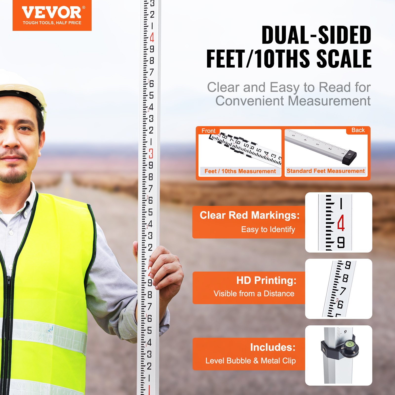 VEVOR Measuring Rod 25-Feet/10ths 6 Sections Telescopic Grade Rod 1 ...