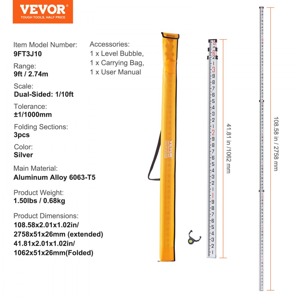 VEVOR Aluminum Grade Rod, 9-Feet/10ths 3 Sections Telescopic Measuring ...