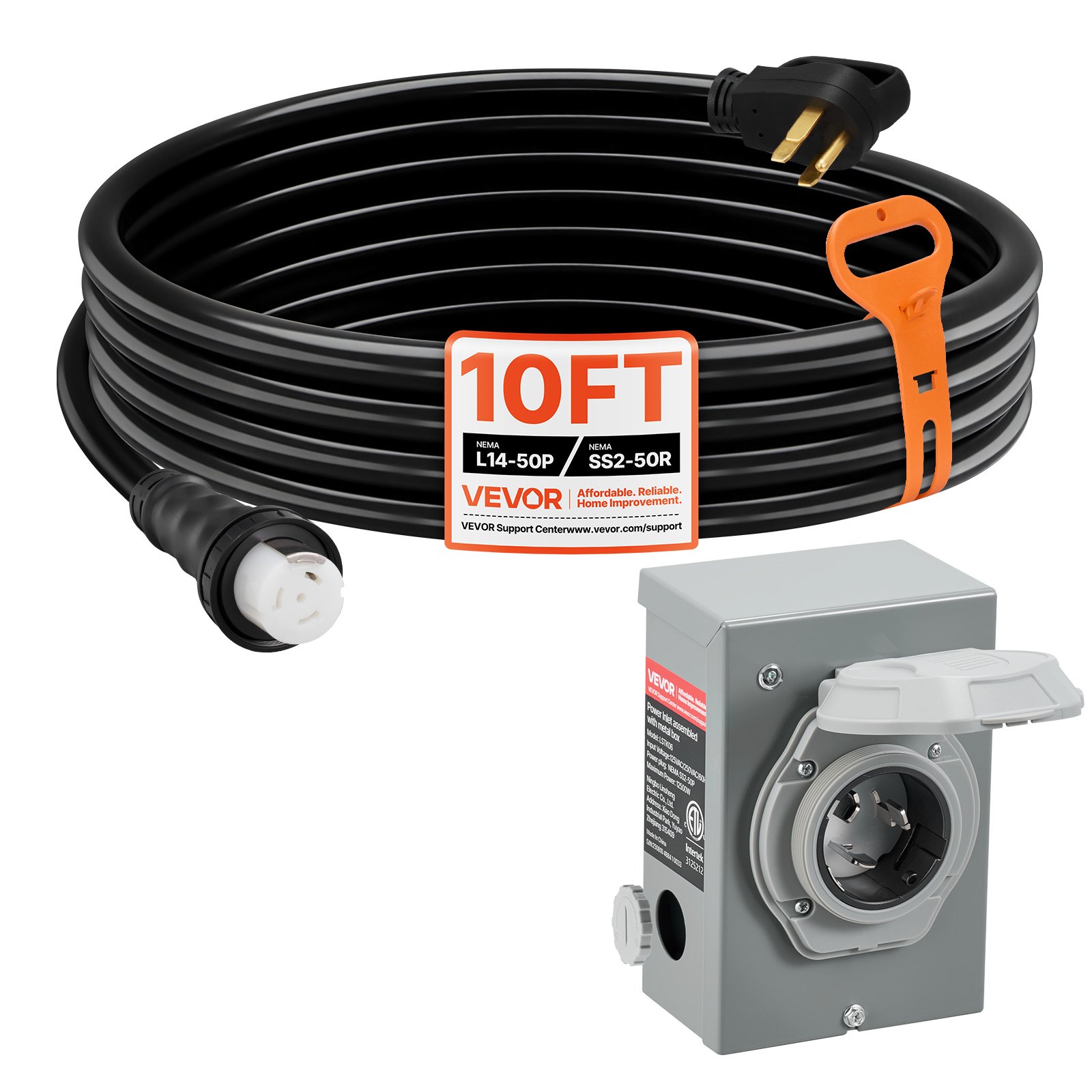 VEVOR 50 Amp Generator Cord and Power Inlet Box, 10FT, 125V/250V STW 6/ ...